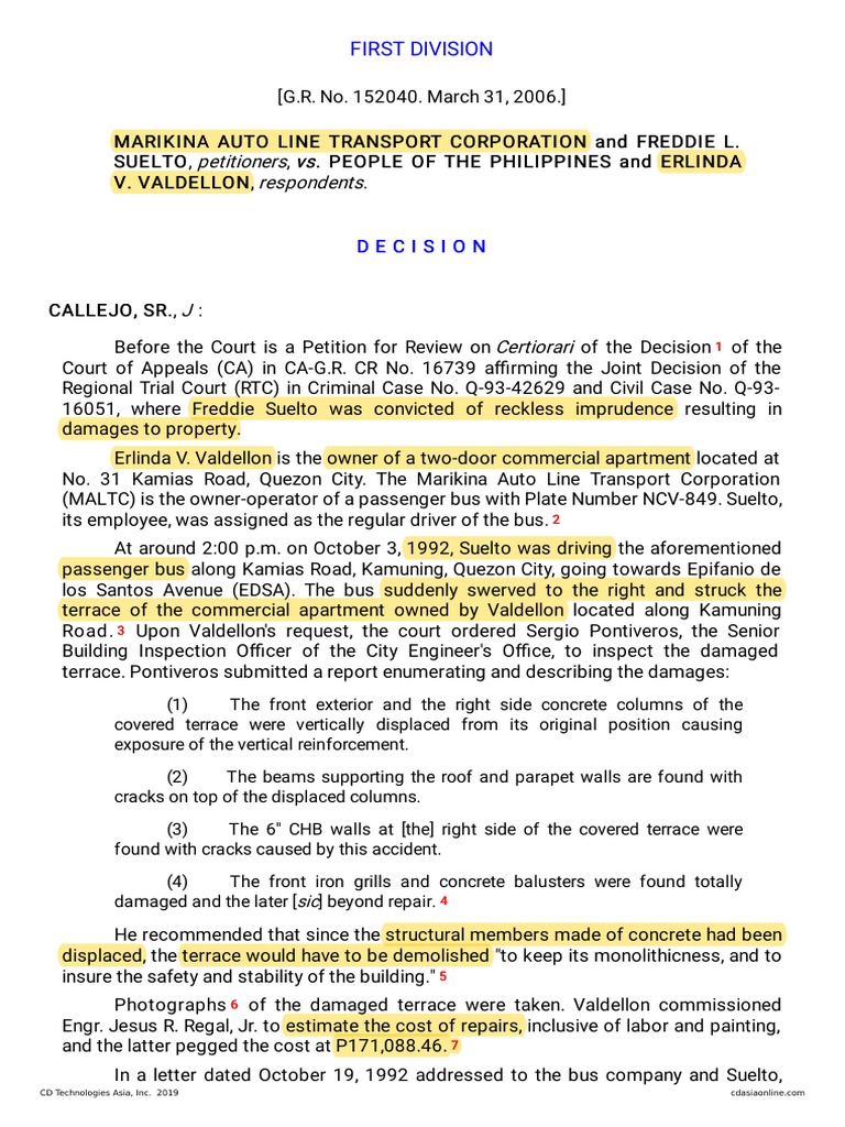 Marikina Auto Line Transport Corp. v. People | PDF | Damages | Burden ...
