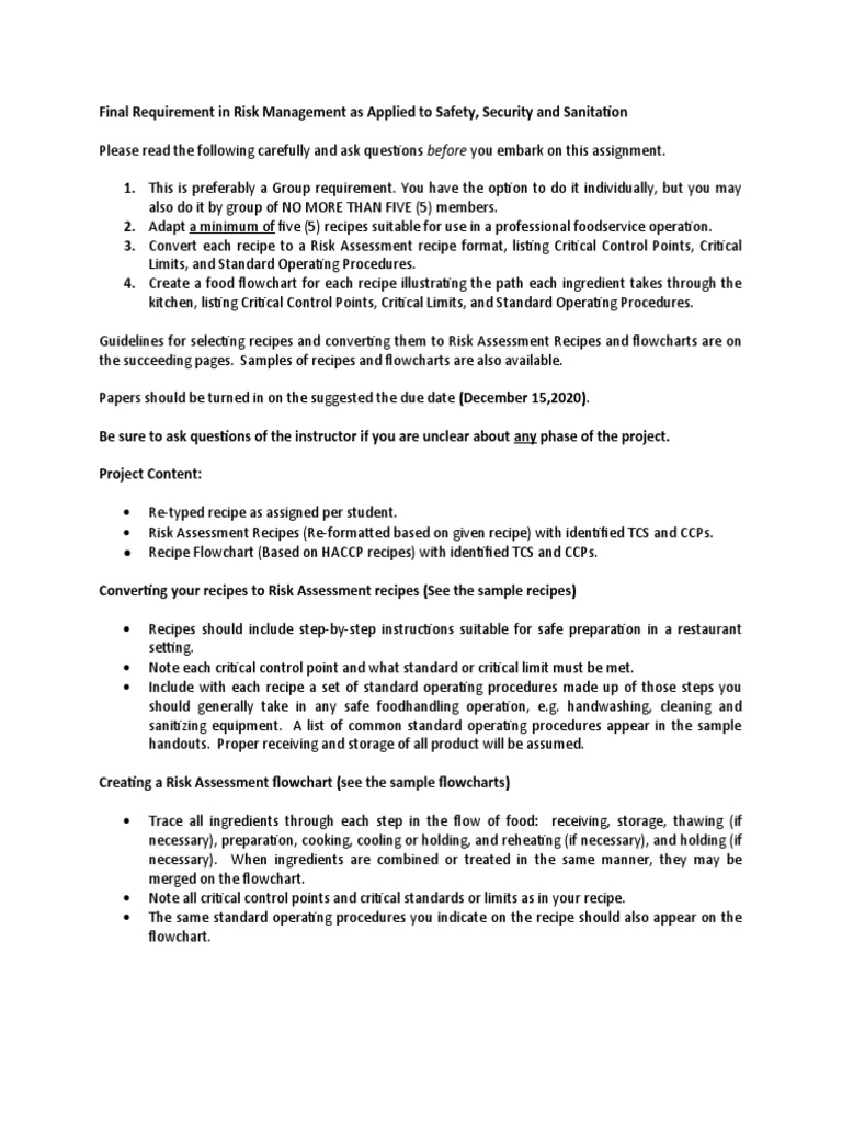 Guidelines For Final Requirement in Risk Management | PDF | Salad | Pasta