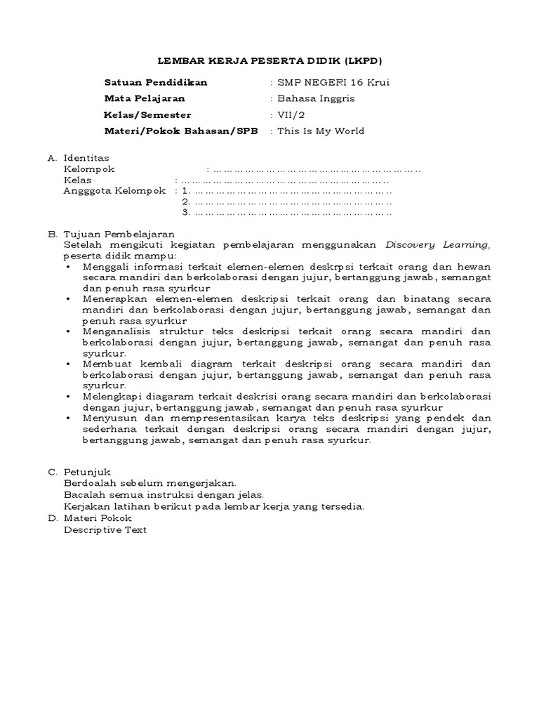LKPD Descriptive Text Kelas VII | PDF | Seni & Disiplin Bahasa ...