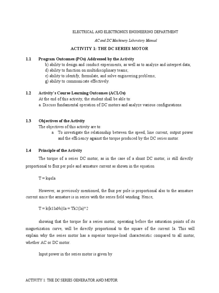 (M1-LAB) Lab Activity 1 - The DC Series Motor | PDF | Electric Motor ...