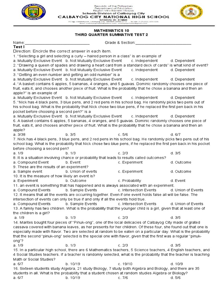 Test I: Direction: Encircle The Correct Answer in Each Item | PDF ...