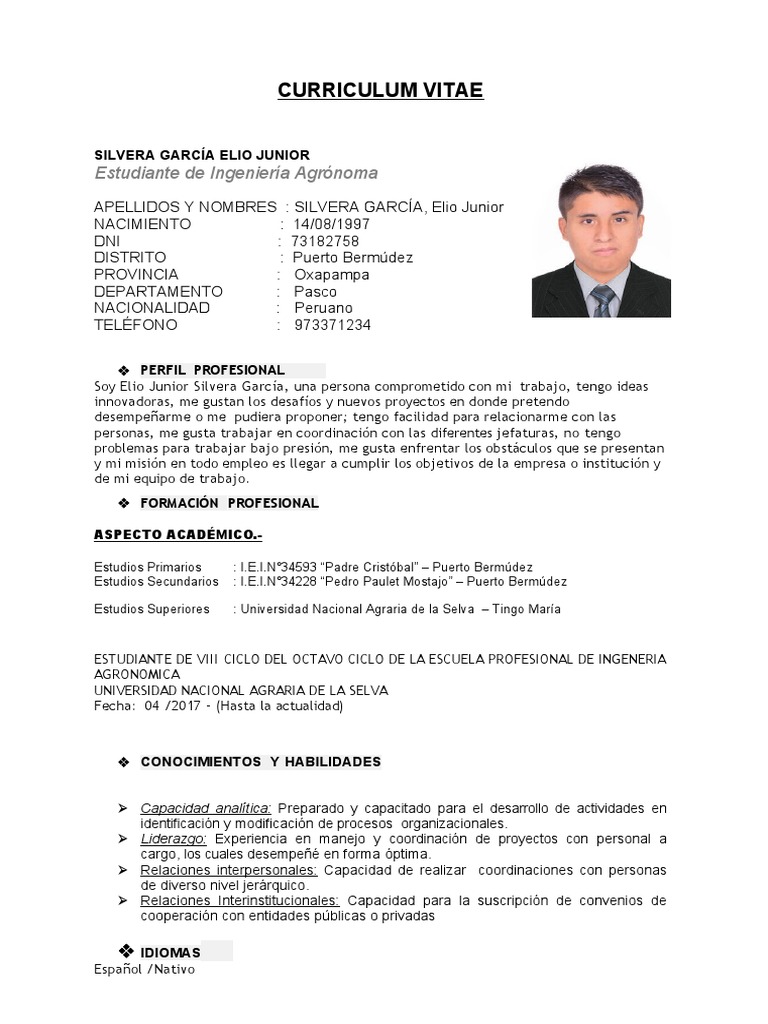 Currículum Vitae de Elio Junior Silvera García, estudiante de Ingeniería Agrónoma | PDF ...