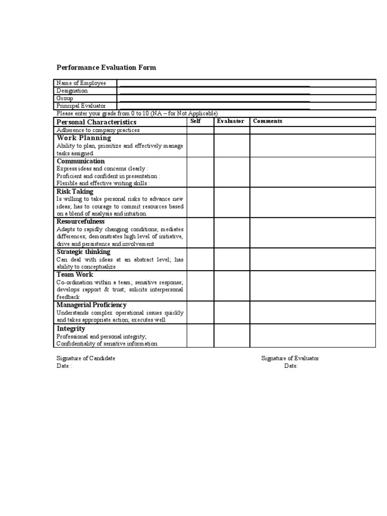 Performance Evaluation Form | PDF | Business