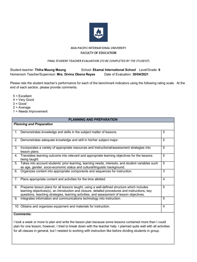 Final Student Evaluation | PDF | Educational Assessment | Lesson Plan