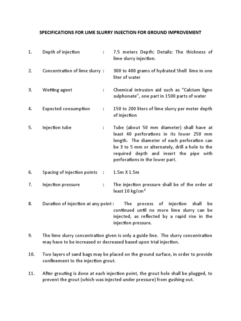Specifications For Lime Slurry Injection For Ground Improvement | PDF
