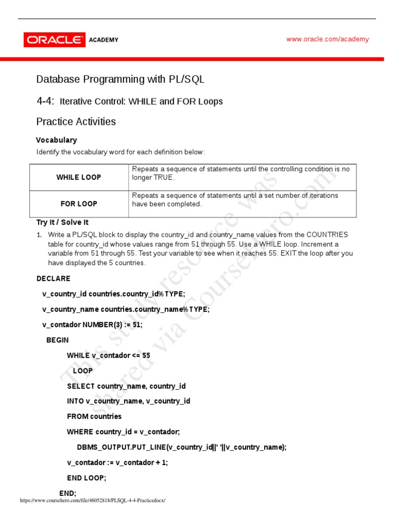 This Study Resource Was: Database Programming With PL/SQL 4-4: Practice ...