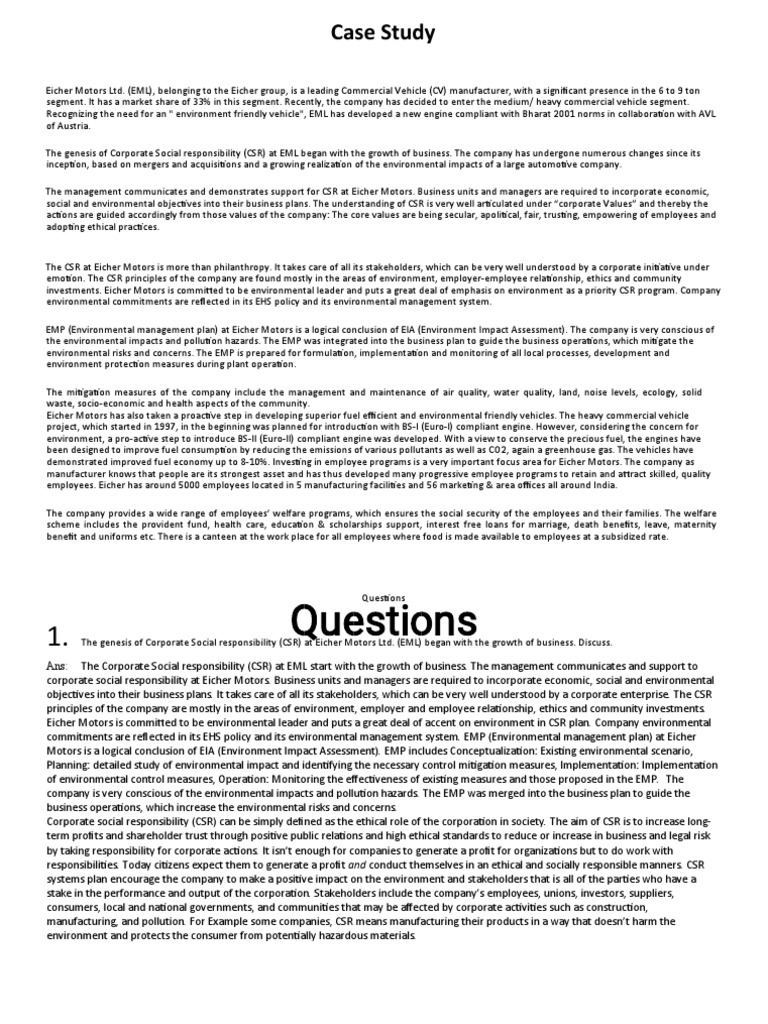CSR Case Study Assignment | Download Free PDF | Corporate Social ...