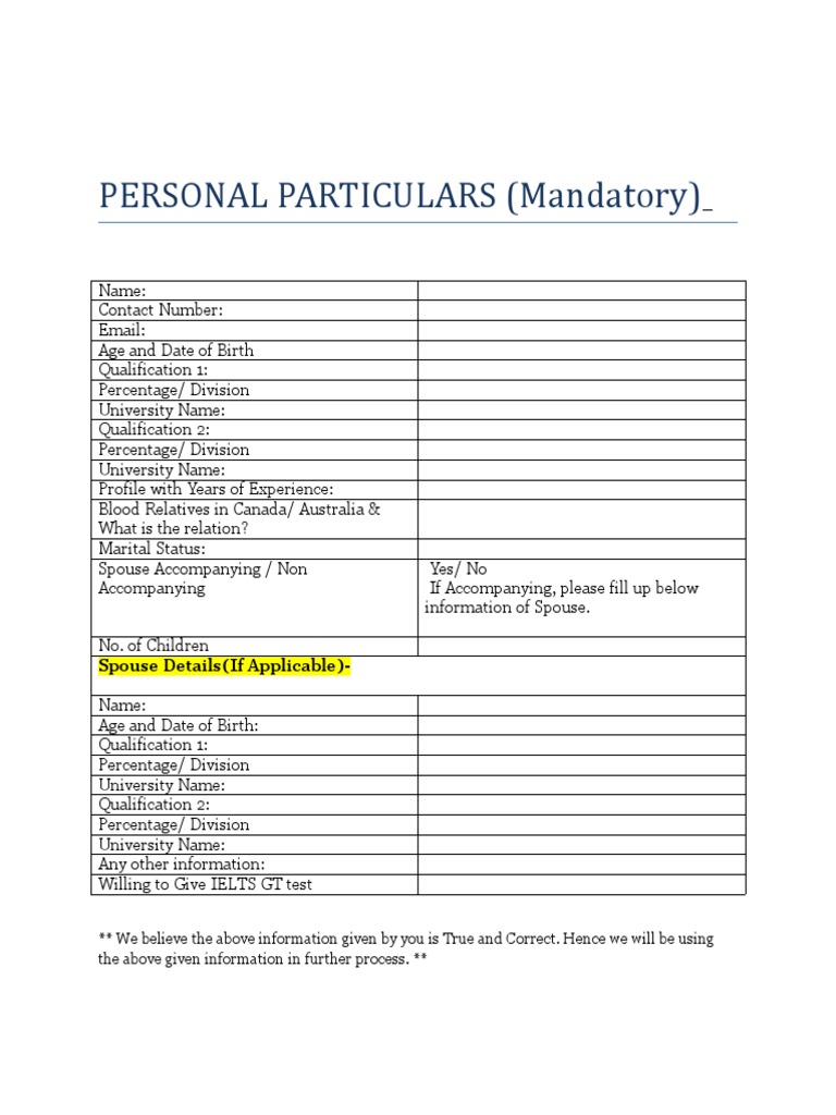 Personal Particulars (Mandatory) : Spouse Details (If Applicable) | PDF
