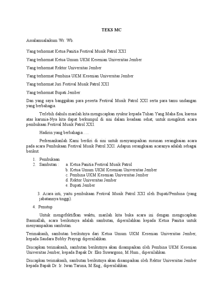 Teks MC Formal Pembukaan | PDF | Seni | Puisi