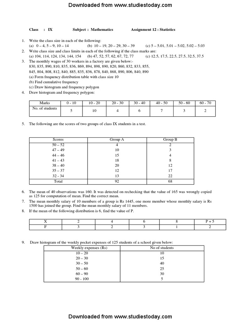 Class 9 Statistics Assignment Worksheet | PDF | Mode (Statistics ...