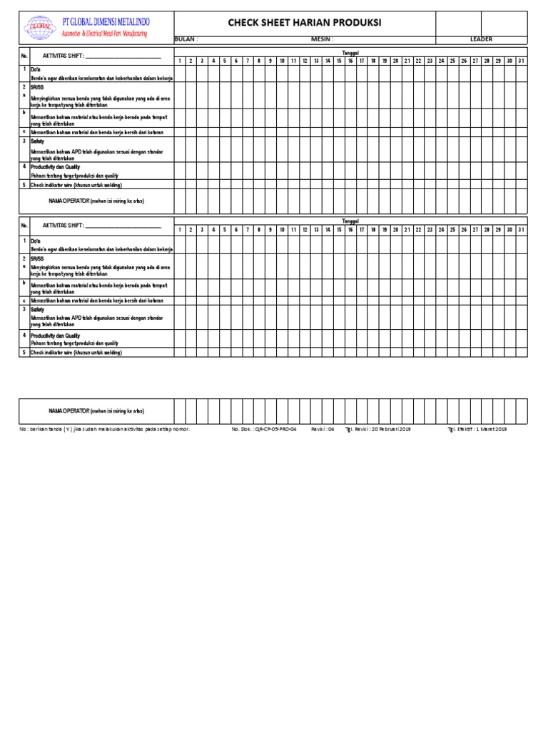 Check Sheet Harian Produksi 5R/5S | PDF | Teknologi & Rekayasa