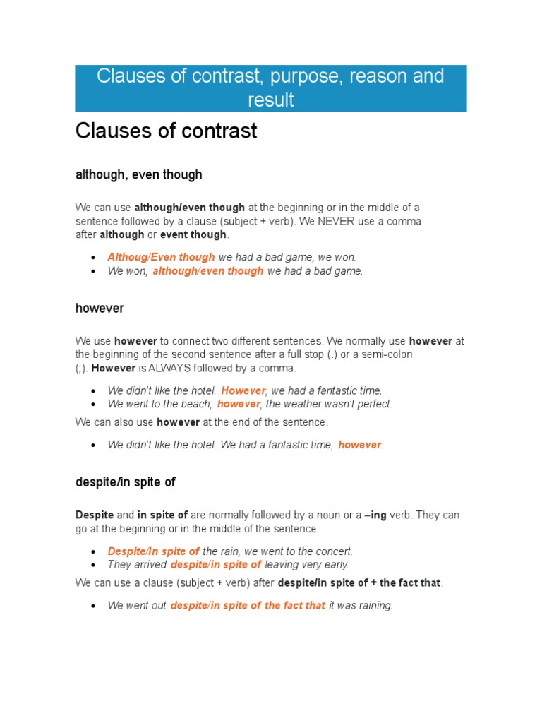 Clauses of Contrast, Purpose, Reason and Result | PDF | Verb | Sentence ...