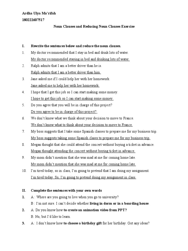 Ardha Ulya Ma'rifah - Noun Clause and Reducing Noun Clause Exercise | PDF