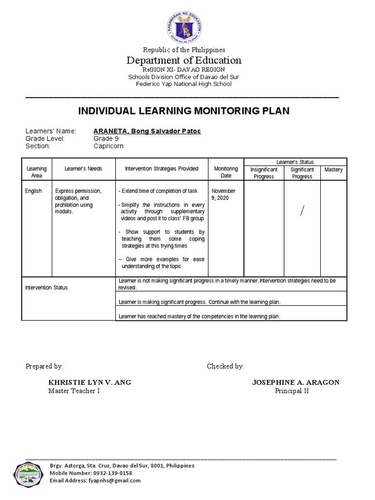 Individual Learning Monitoring Plan | PDF | Behaviorism | Change