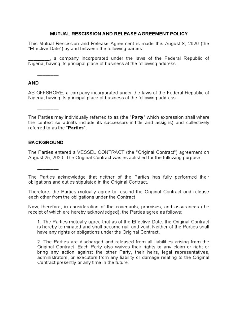 Mutual Rescission and Release Agreement Policy | PDF