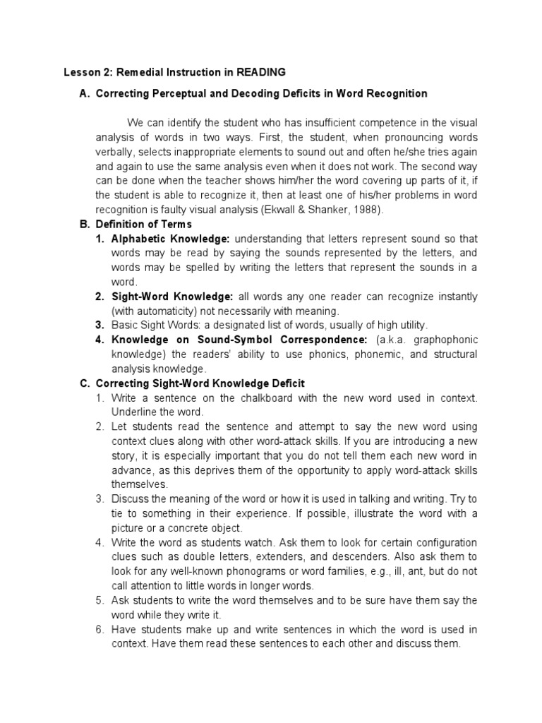 Lesson 2 Remedial Instruction in READING | PDF | Syllable | Vocabulary