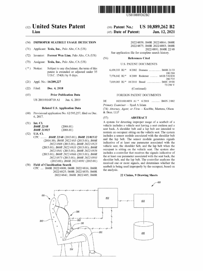 Tesla Improper Seatbelt Usage Detection Patent | PDF | Seat Belt ...