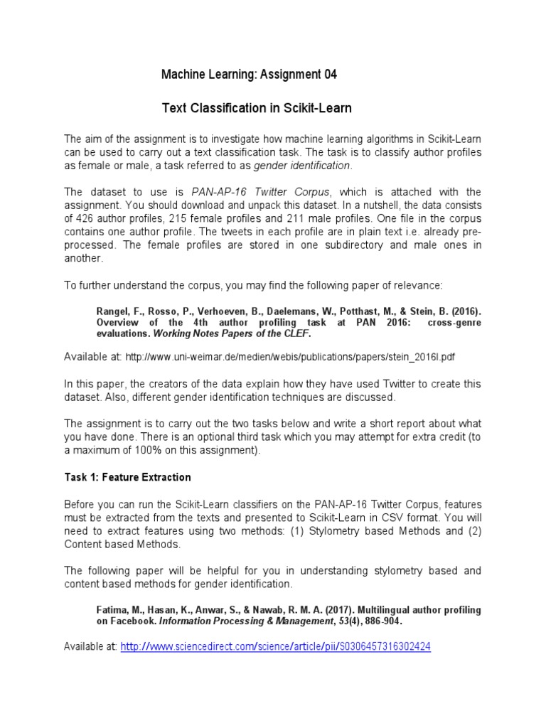 Machine Learning: Assignment 04 Text Classification in Scikit-Learn | Download Free PDF ...