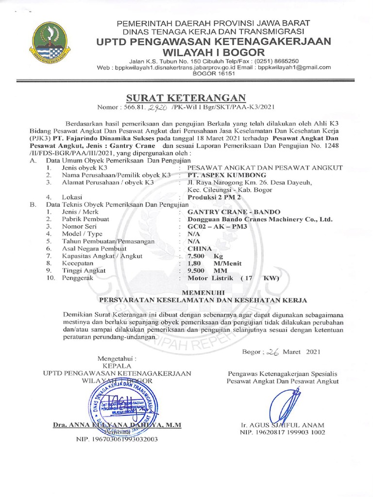 Surat Kelayakan Alat Berat Dari DISNAKER | PDF