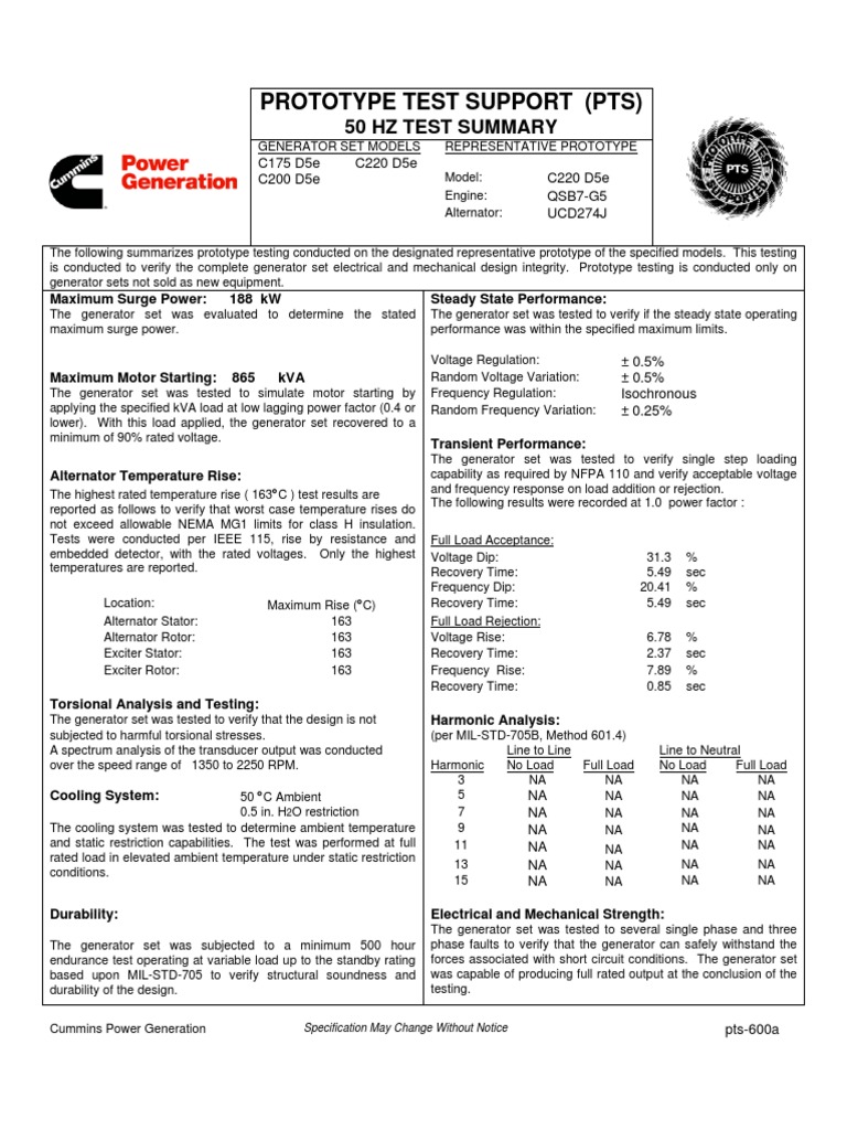 Prototype Test Support (PTS) | PDF | Electric Generator | Power (Physics)