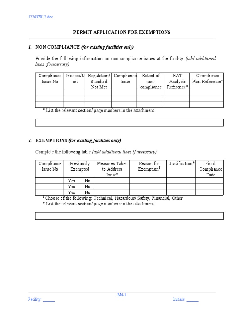 Permit Application for Exemptions from Compliance Issues at an Existing ...