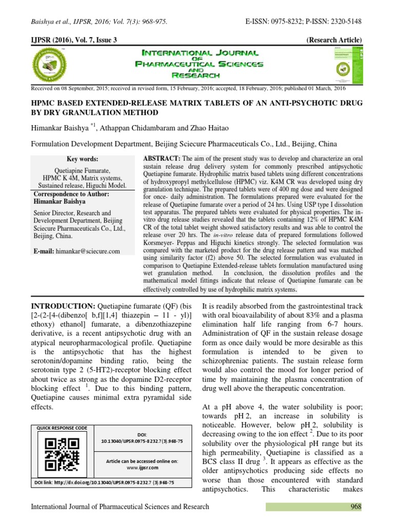 HPMC Based Extended-Release Matrix Tablets of An Anti-Psychotic Drug by ...