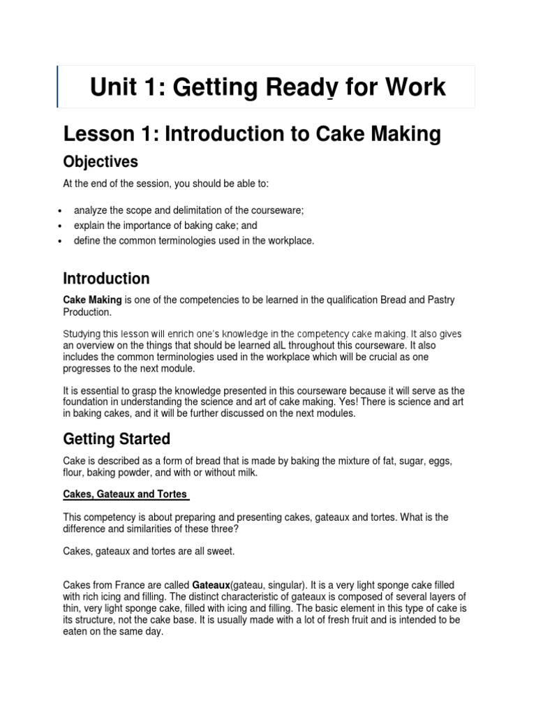 Unit 1: Getting Ready For Work: Lesson 1: Introduction To Cake Making ...