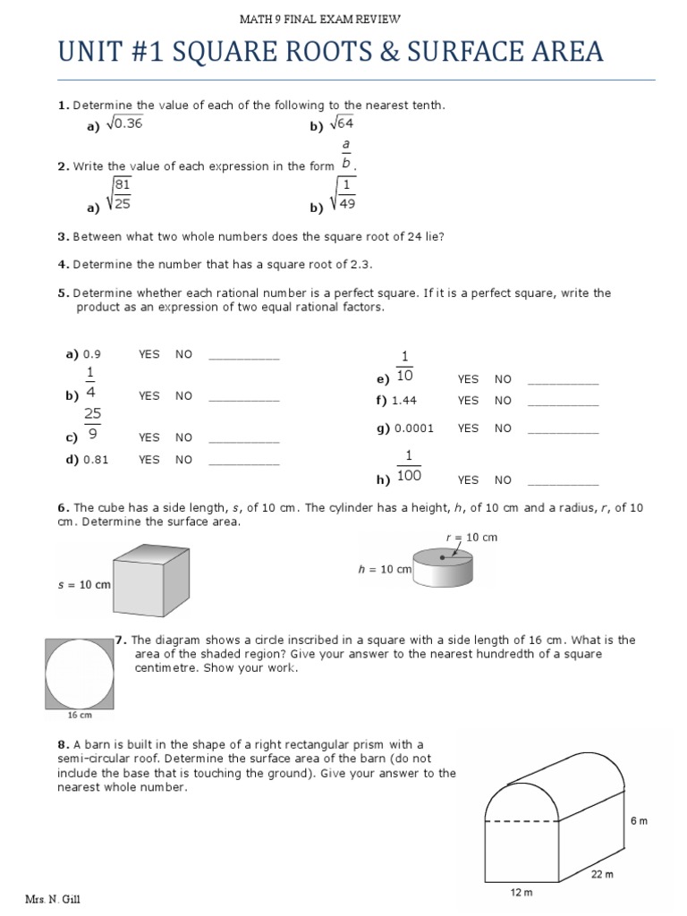 Unit #1 Square Roots & Surface Area | PDF