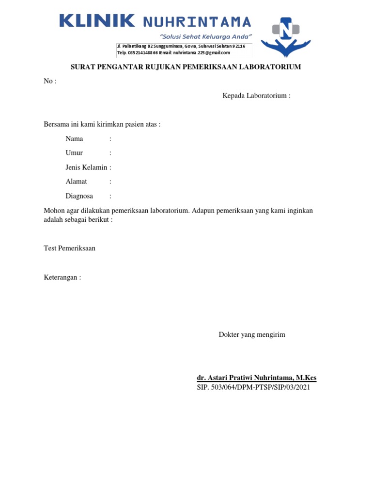 Surat Pengantar Rujukan Pemeriksaan Laboratorium | PDF