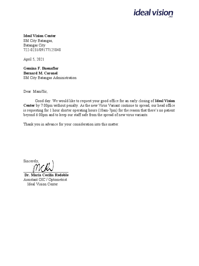Request for Early Closure at Ideal Vision | PDF | Business