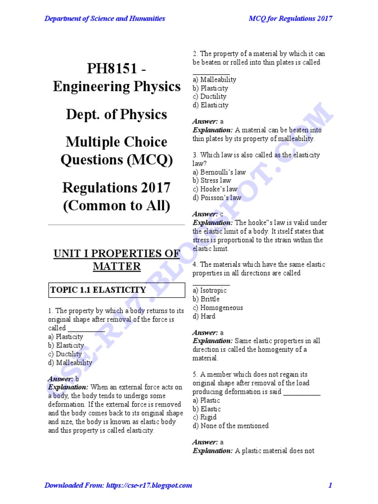 PH8151 - Engineering Physics MCQ PDF | PDF | Elasticity (Physics) | Deformation (Engineering)
