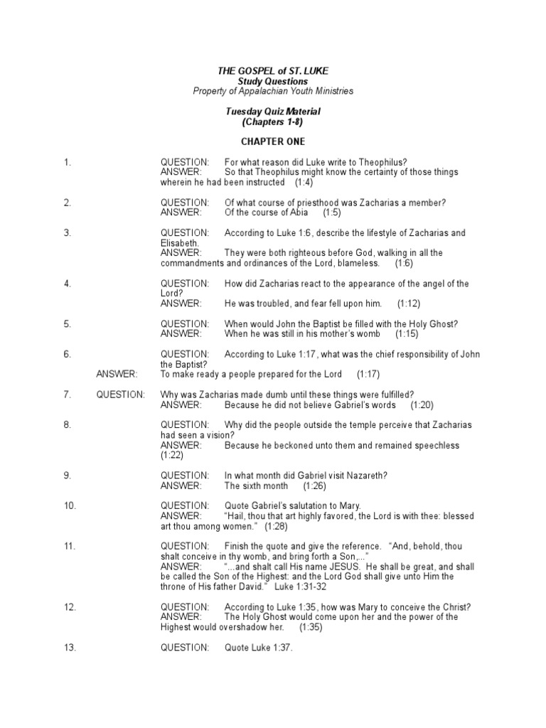 Youth Bible Study Quiz: Gospel of Luke | PDF | John The Baptist ...