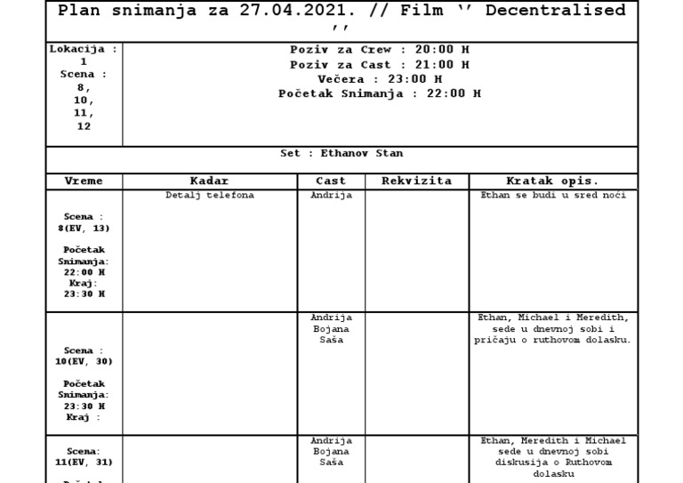 Plan Snimanja Za 27.04.2021 | PDF