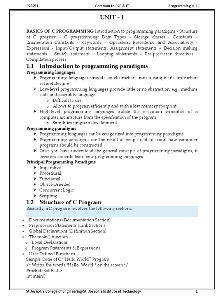 C Programming Unit I Notes Download Free Pdf Programming Language Programming Paradigms