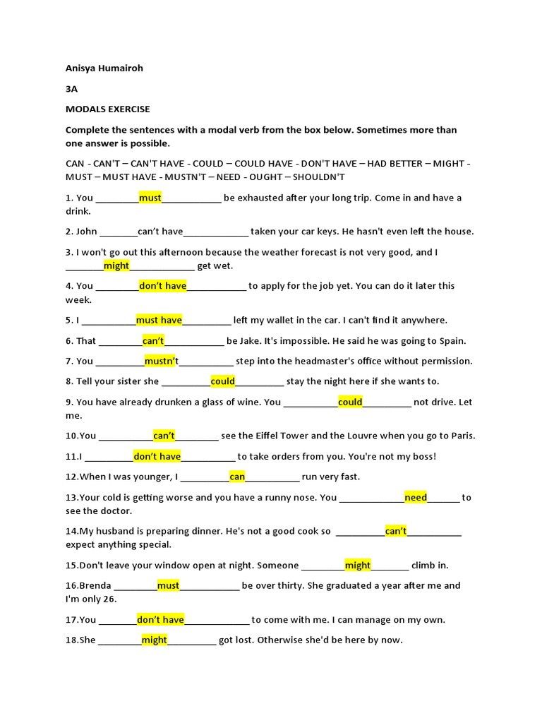 Anisya Humairoh 3A Modals Exercise Complete The Sentences With A Modal ...