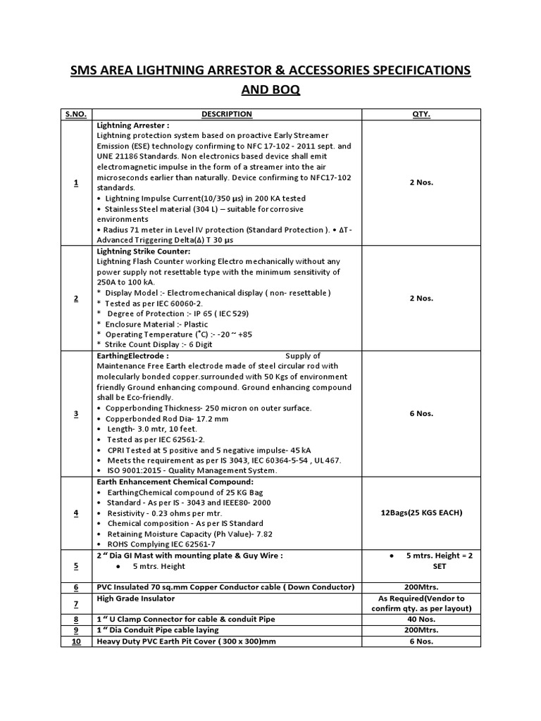 Lighting Arrestor Specifications and Boq (SMS) | PDF | Lightning | Pipe ...