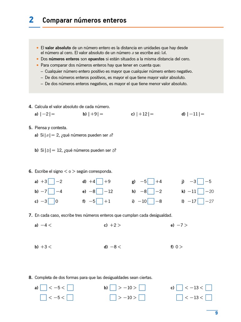 Comparar Números Enteros | PDF