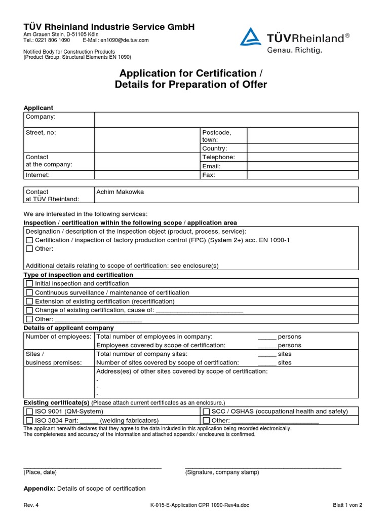 Tuv Rheinland K 015 e Application CPR 1090 Rev4a en | PDF | Business