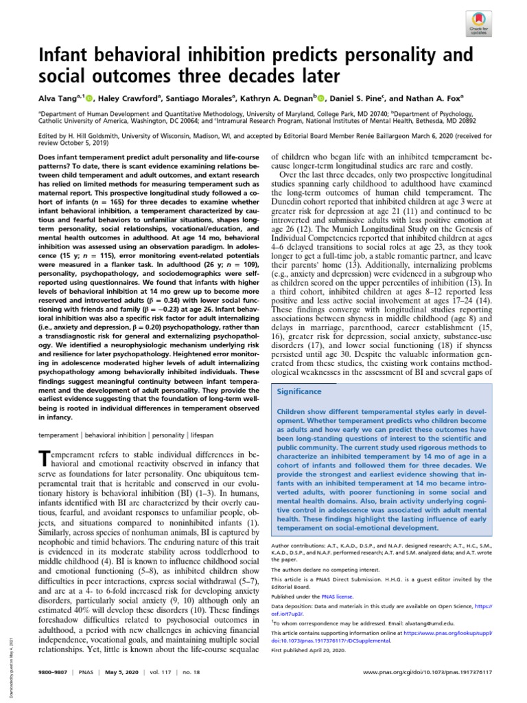 Infant Behavioral Inhibition Predicts Personality and Social Outcomes ...