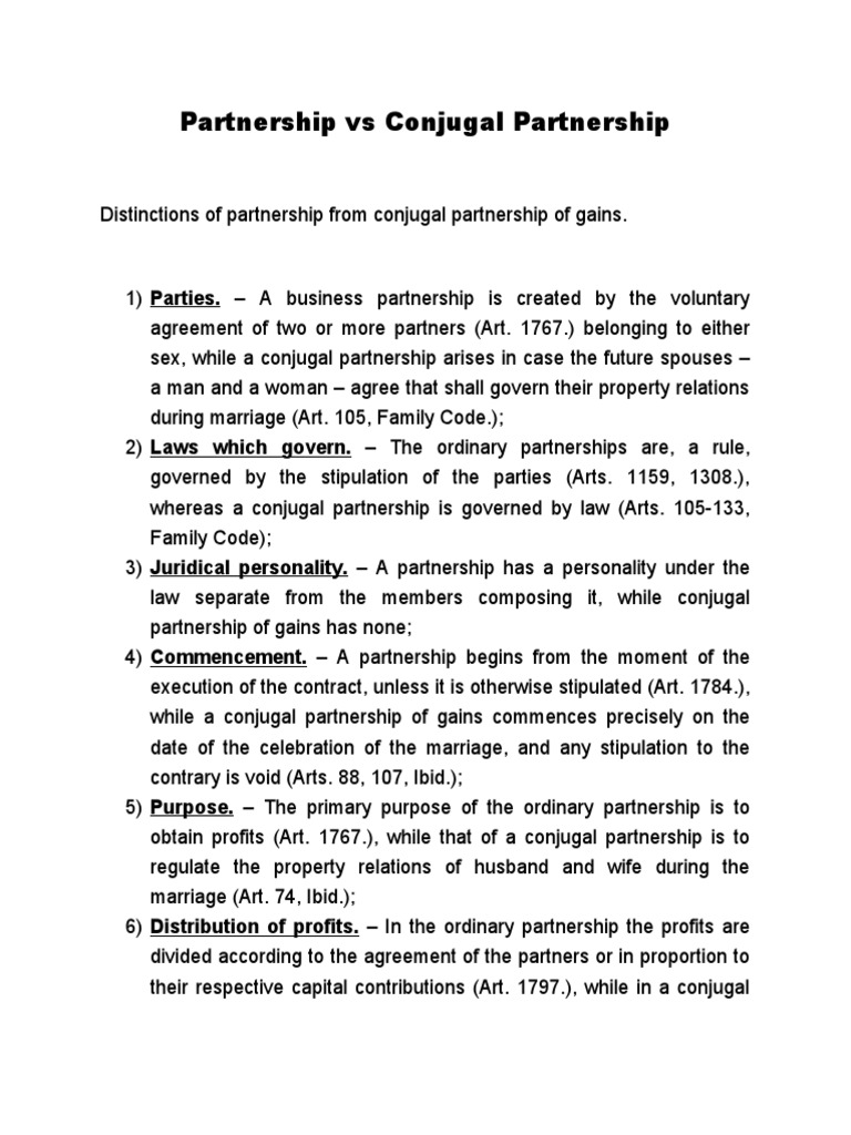 Distinctions Between Partnerships and Conjugal | PDF | Partnership ...