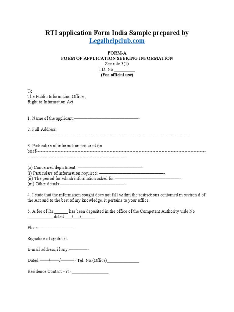RTI Application Form India Sample Prepared by | PDF | Finance & Money ...