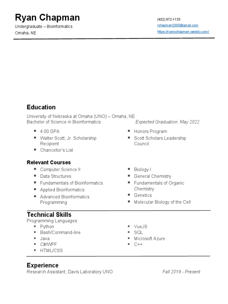 Ryan Chapman Resume November 2020 | Download Free PDF | Bioinformatics | Biological Engineering