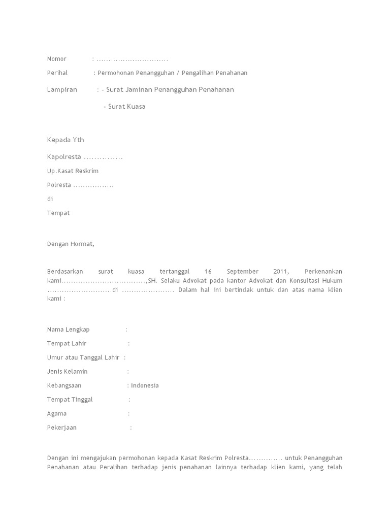 Contoh Surat Permohonan Penangguhan Penahanan | PDF | Pengelolaan ...