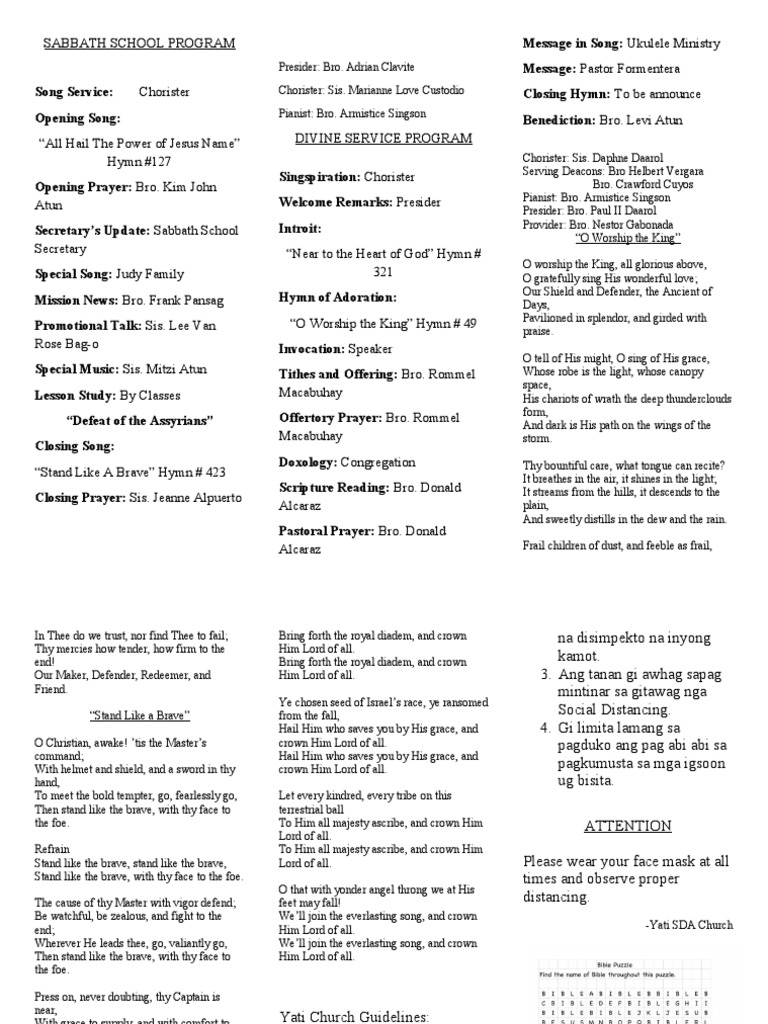 Yati SDA Church Worship Service and Guidelines Announcement | PDF ...