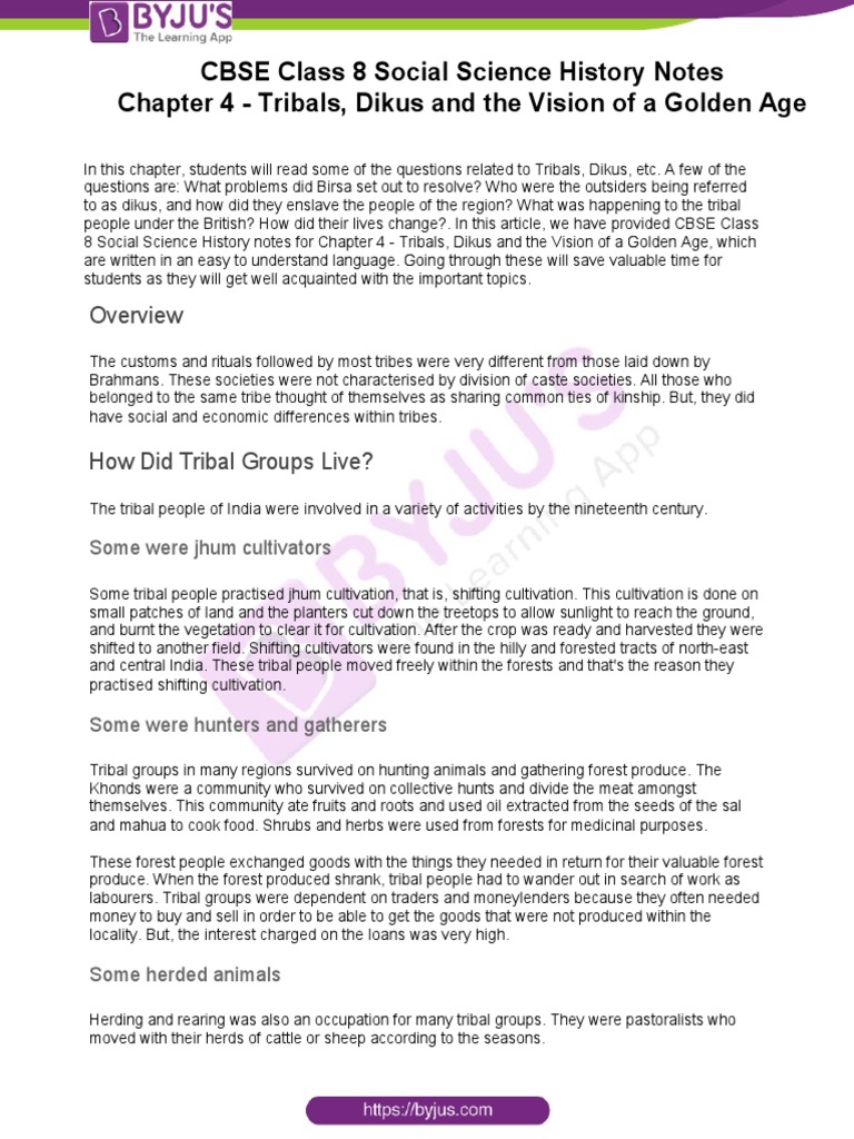 CBSE Class 8 Social Science History Notes Chapter 4 Tribals Dikus and ...