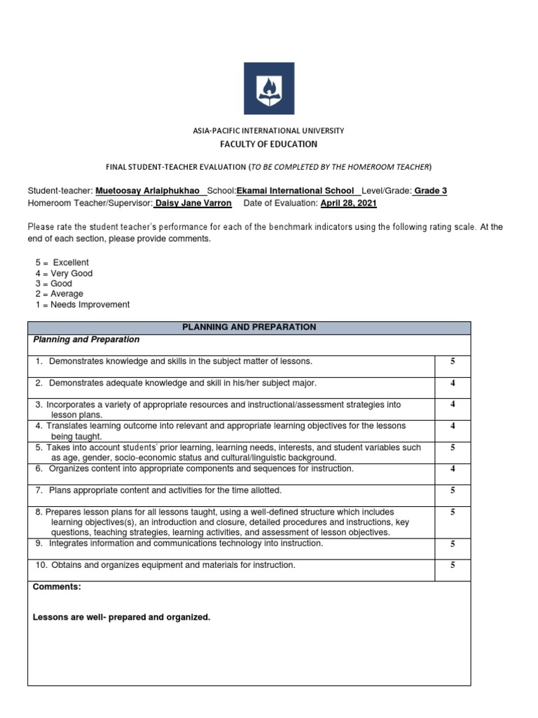 Final Student Teacher Evaluation Form Mootuesay Pdf Educational