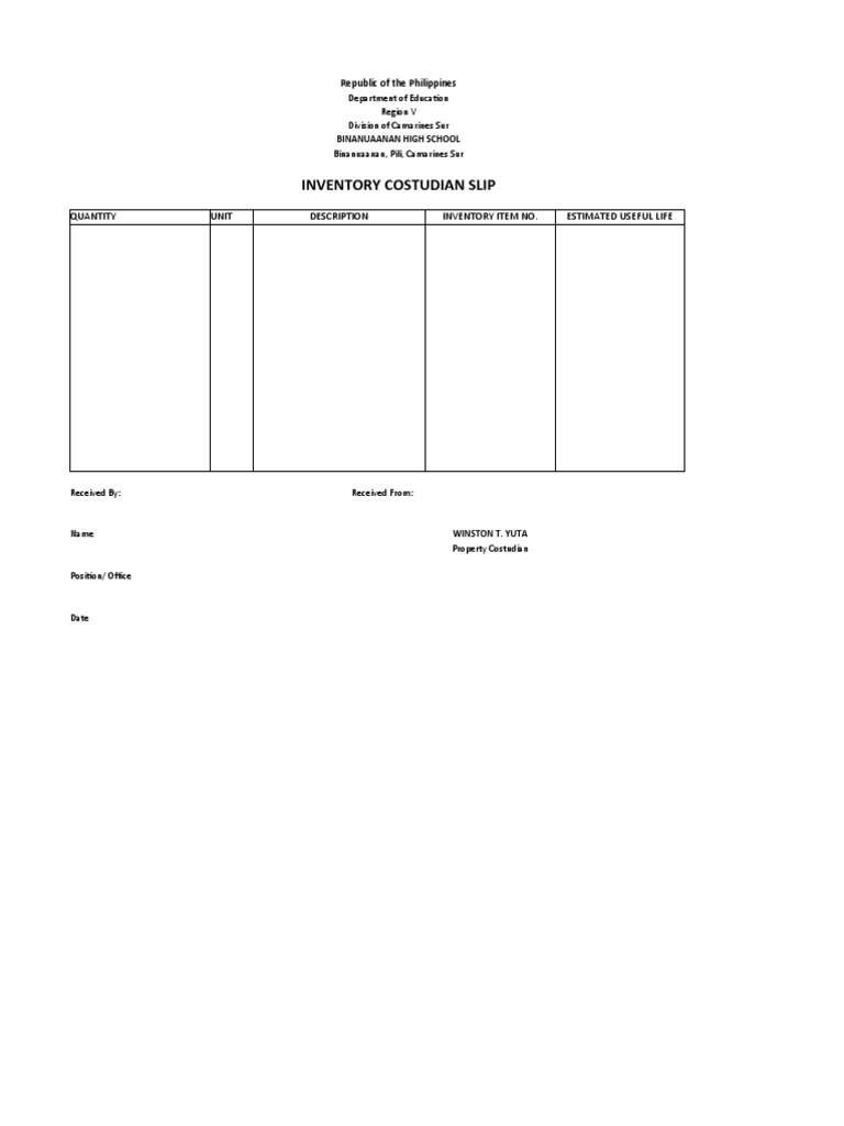 Inventory Custodian Slip Template | PDF