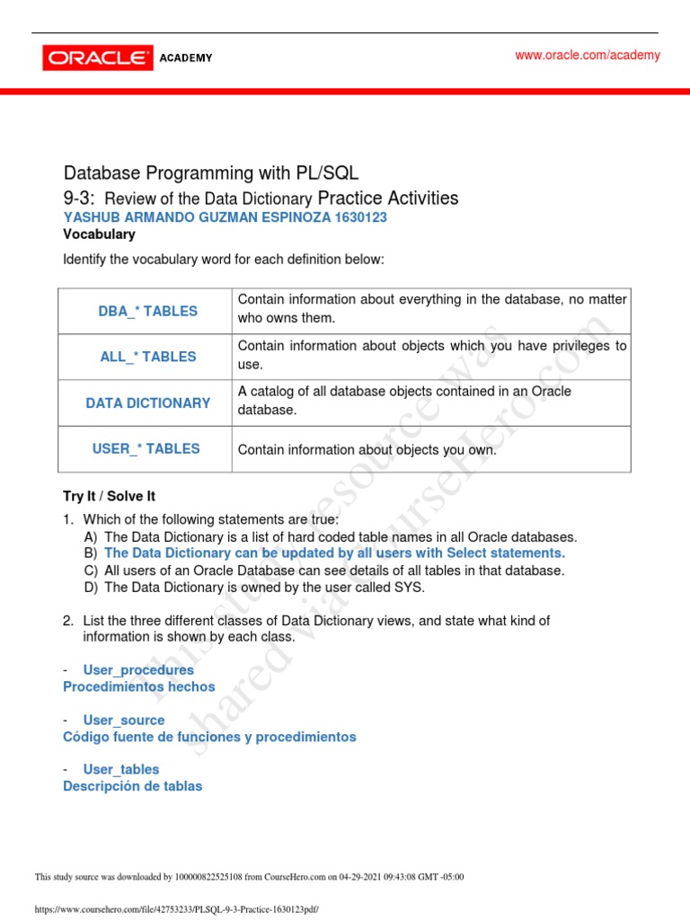 PLSQL 9 3 Practice 1630123 PDF | PDF | Pl/Sql | Databases