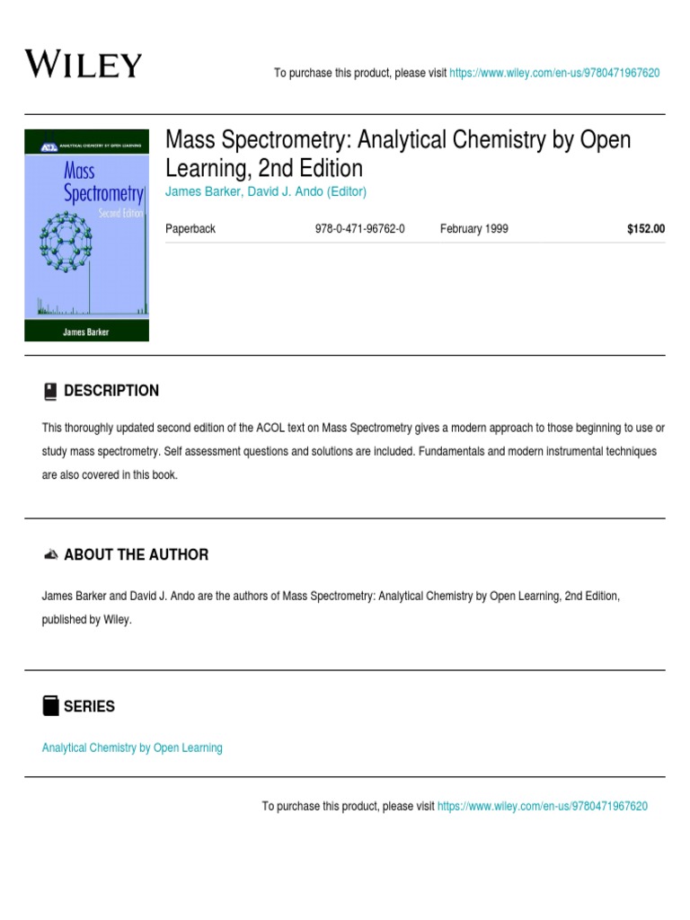 Wiley - Mass Spectrometry - Analytical Chemistry by Open Learning, 2nd Edition - 978-0-471-96762 ...