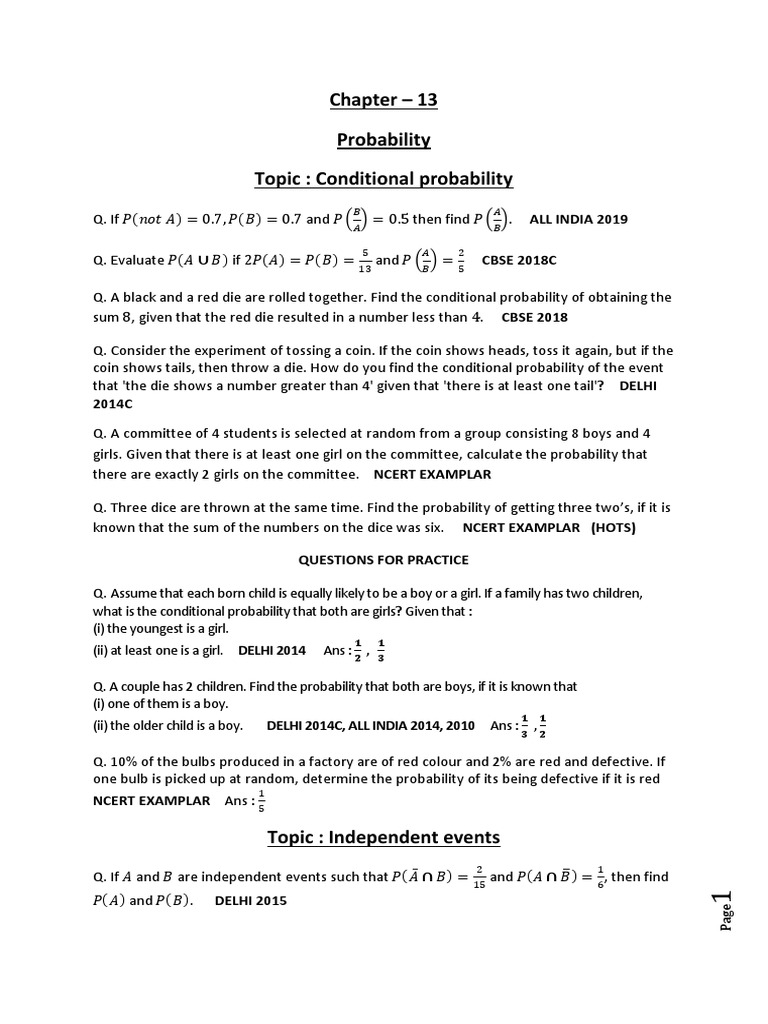Chapter - 13 Probability Topic: Conditional Probability | Download Free PDF | Probability ...